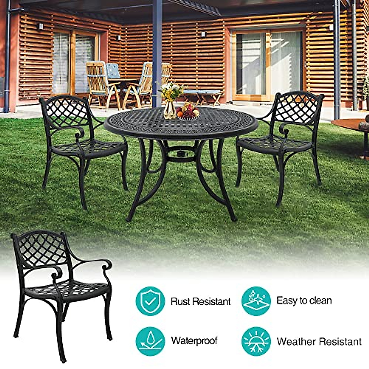 2 Pieces Cast Aluminum Patio Chair,Metal Outdoor Dining Chair with Armrest, Set of 2 All Weather Patio Armchairs,Outdoor Furniture Bistro Chairs for Lawn Porch Garden Backyard Poolside Deck,Black