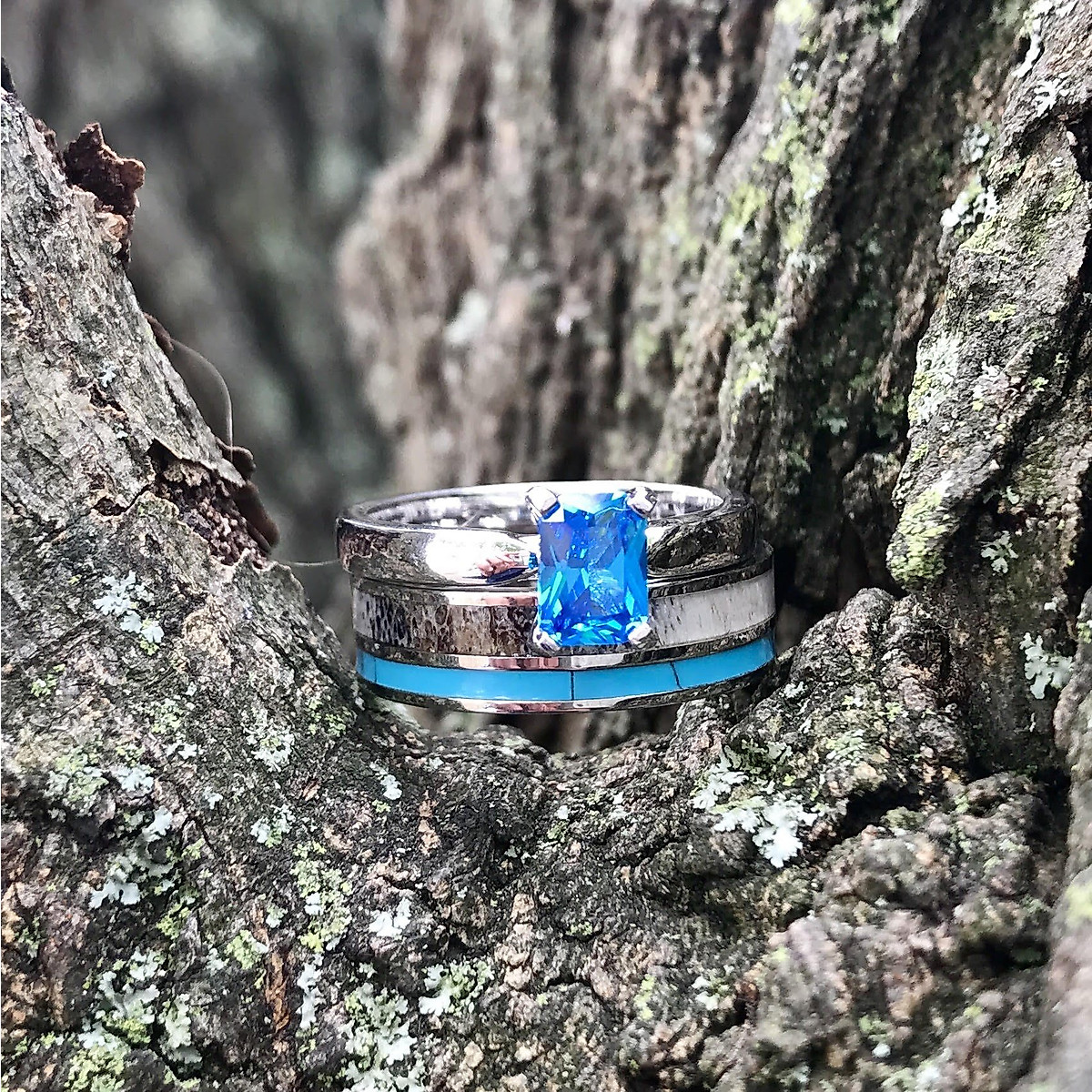 Kingsway Jewelry 2 pc Natural Deer Antler Ring with Turquoise Inlay Cubic Zirconia Engagement ring - Womens Wedding Ring Stainless Steel Sterling Silver Ring (9)