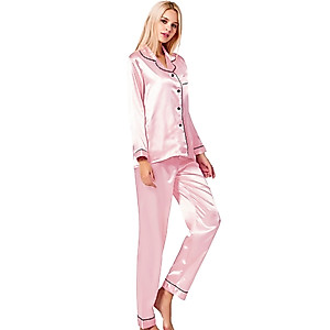 SWOMOG Womens Silk Satin Pajamas Long Sleeve Loungewear Two-piece Sleepwear Button-Down Pj Set Pink