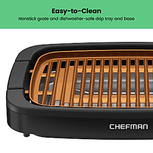 Chefman Smokeless Indoor Electric Grill, Copper, Extra Large, Nonstick Table Top Grill for Indoor Grilling and BBQ with Adjustable Temperature Control, Nonstick Dishwasher-Safe Parts, 9" x 15"