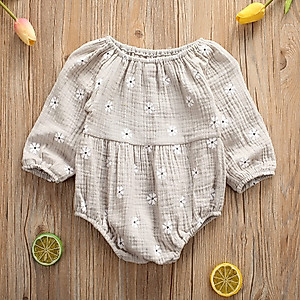 Newborn Baby Girls Floral Print Long Sleeve Round Neck Vintage Romper Infants Ruffles Jumpsuit (0-6months, Grey Flower)