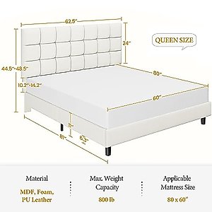 Yaheetech Queen Upholstered Bed Frame, Platform Bed Frame with Square Tufted Fabric Headboard Height Adjustable, Wooden Slats Support, No Box Spring Needed, Beige