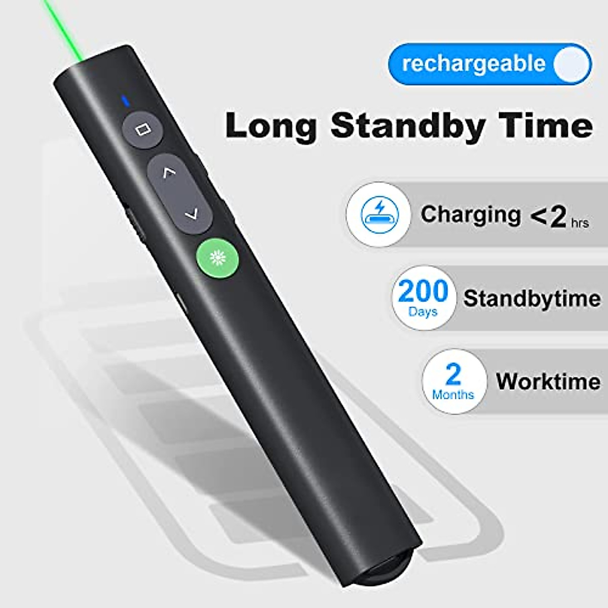 Rechargeable Presentation Clicker for PowerPoint Green Light Pointer, USB-A/USB-C Wireless ...