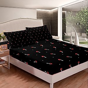Cute Mushroom Fitted Sheet Queen Size Kid Cartoon Kawaii Bedding Set Types of Mushrooms Red Bedding Farmhouse Botanical Fitted Bed Sheets Cute Wild Species Fitted Sheet For Bedroom Decor, Black