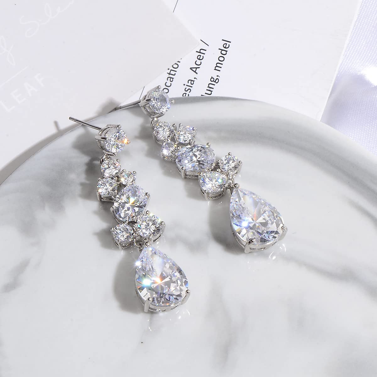 Bridal Earrings for Wedding Silver - 14k Plated Sterling Silver Teardrop CZ Cubic Zirconia Crystal Rhinestone Floarl Leaf Cluster Long Fashion Statement Costume Earrings for Wedding Party Prom