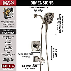 Delta Faucet Ashlyn 17 Series Dual-Function Tub and Shower Trim Kit with 2-Spray Touch-Clean In2ition 2-in-1 Hand Held Shower Head with Hose, Stainless T17464-SS-I (Valve Not Included)
