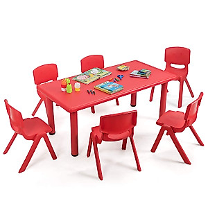 HONEY JOY Kids Table and 6 Chair Set, 47 x 23.5 Inch Children Rectangular Table with Stackable Seats, 7 Pcs Plastic Activity Toddler Furniture Set for Playroom Daycare, Gift for Boys Girls