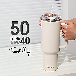 COKTIK50 oz Tumbler With Handle and Straw Lid, Vacuum Insulated Travel Coffee Mug Stainless Steel Insulated Cup for Beverages, Leak-proof, Cupholder Friendly(Beige)