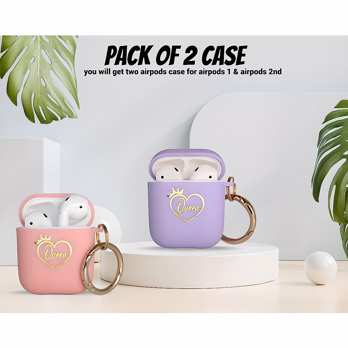 REDX1 [2 Pack] Case Compatible with Airpods 1&2nd Generation Gold Queen Design Protective Cover with Gold Keychain Accessories,TPU for Case for Women,Girl,Teen,Accessories Keychain (Purple,Pink)