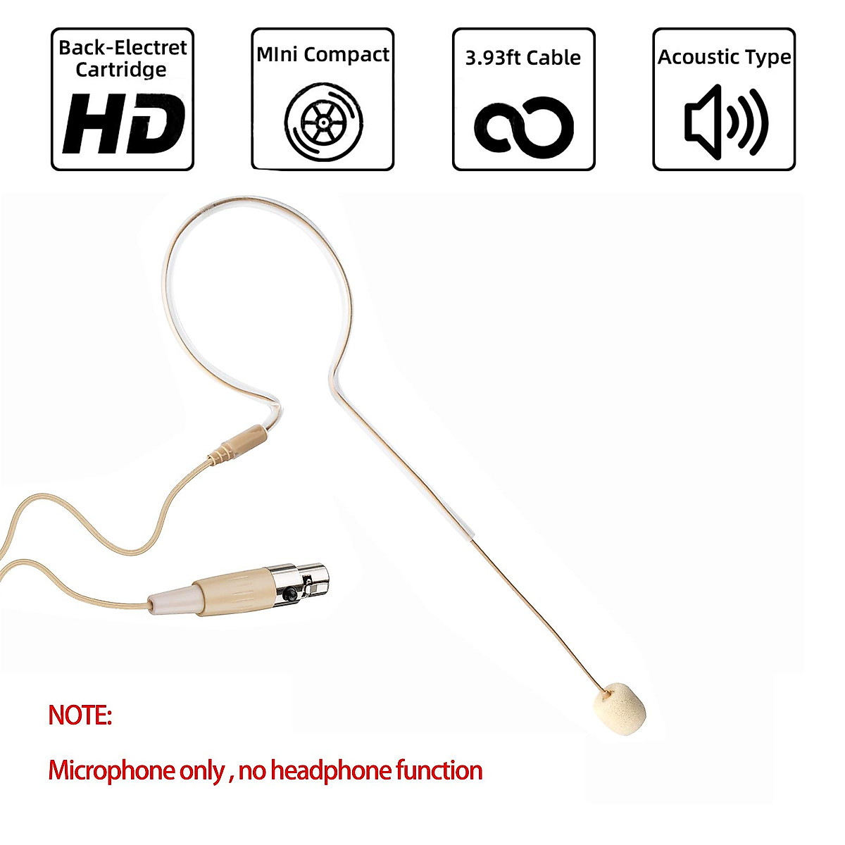 Sujeetec Headset Headworn Microphone - 3 Pin Mini XLR Head Microphone for AKG Samson Wireless System & Bodypack Transmitter – Beige Single Earhook Omnidirectional Headset Head Mic