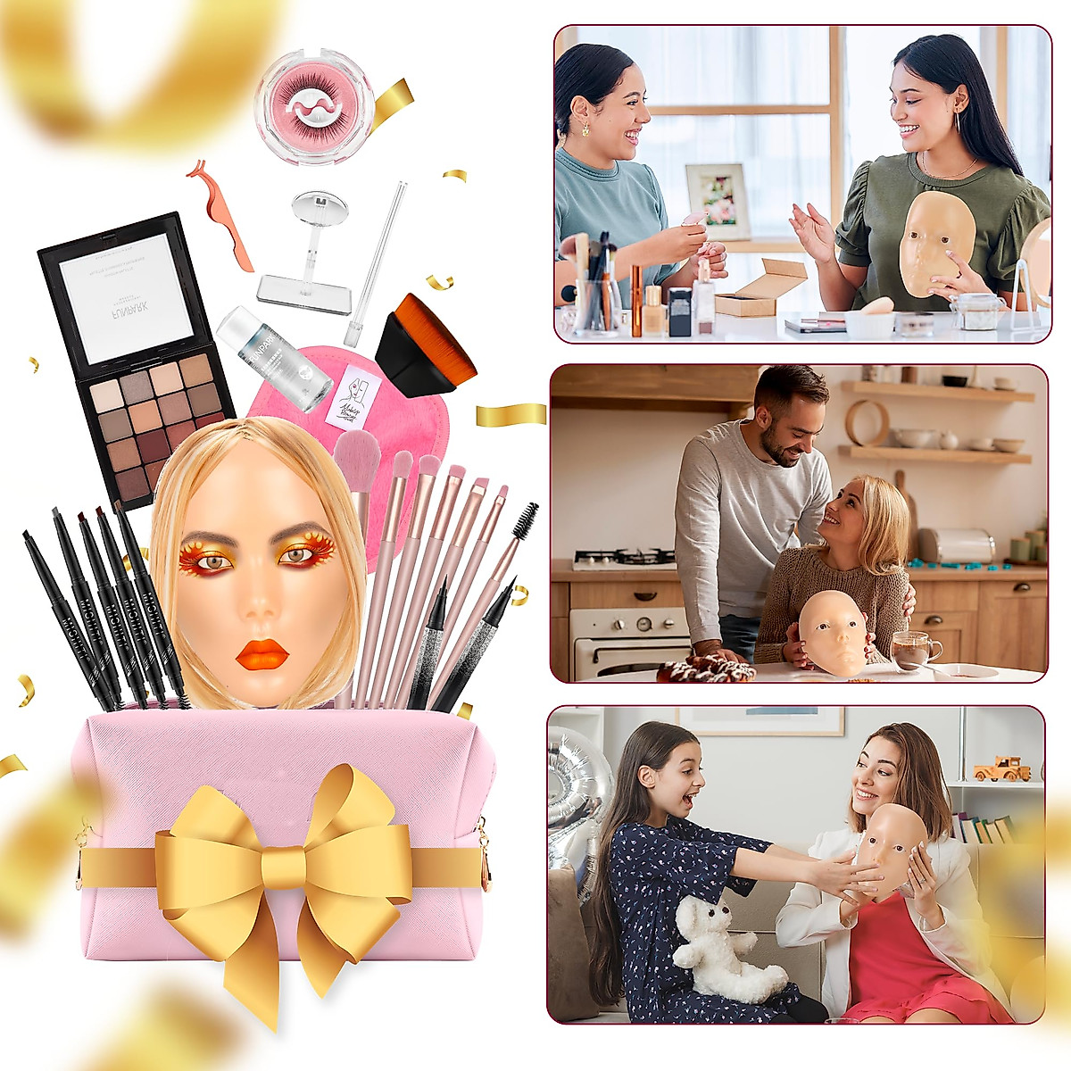 Glinexa 3D 5D Makeup Practice Kit, Reusable Silicone Makeup Mannequin Face for Students and Beginners, Comes With Brushes Set & Dual Head Eyebrow Pencils & Eyeliners & Eyelash Pair