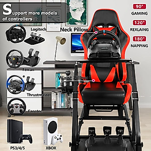 Minneer Immersion Racing Simulator Cockpit/with Red&Black Seat/Fit for Thrustmaster,FANTEC,logitech G25,G29,G92,G923 /Height Adjustable Gaming Steering Wheel Stand/Wheel&Pedals Not Included