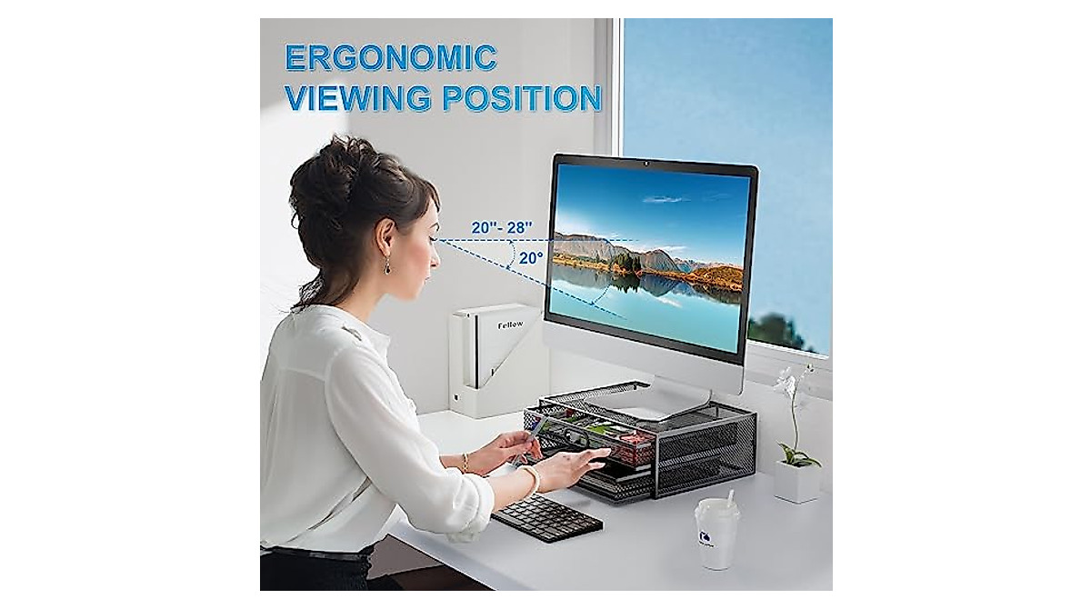 Monitor Stand Riser with Drawer - Metal Mesh Desk Organizer with Dual ...