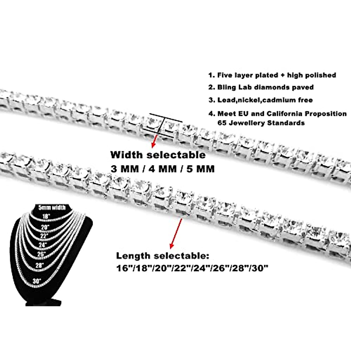 HH BLING EMPIRE Silver Gold Iced Out Diamond Tennis chain for Men, Rhinestone Diamond Tennis Necklaces for Women, 5mm Fake Diamond Necklace Chains (5mm-Silver-16)