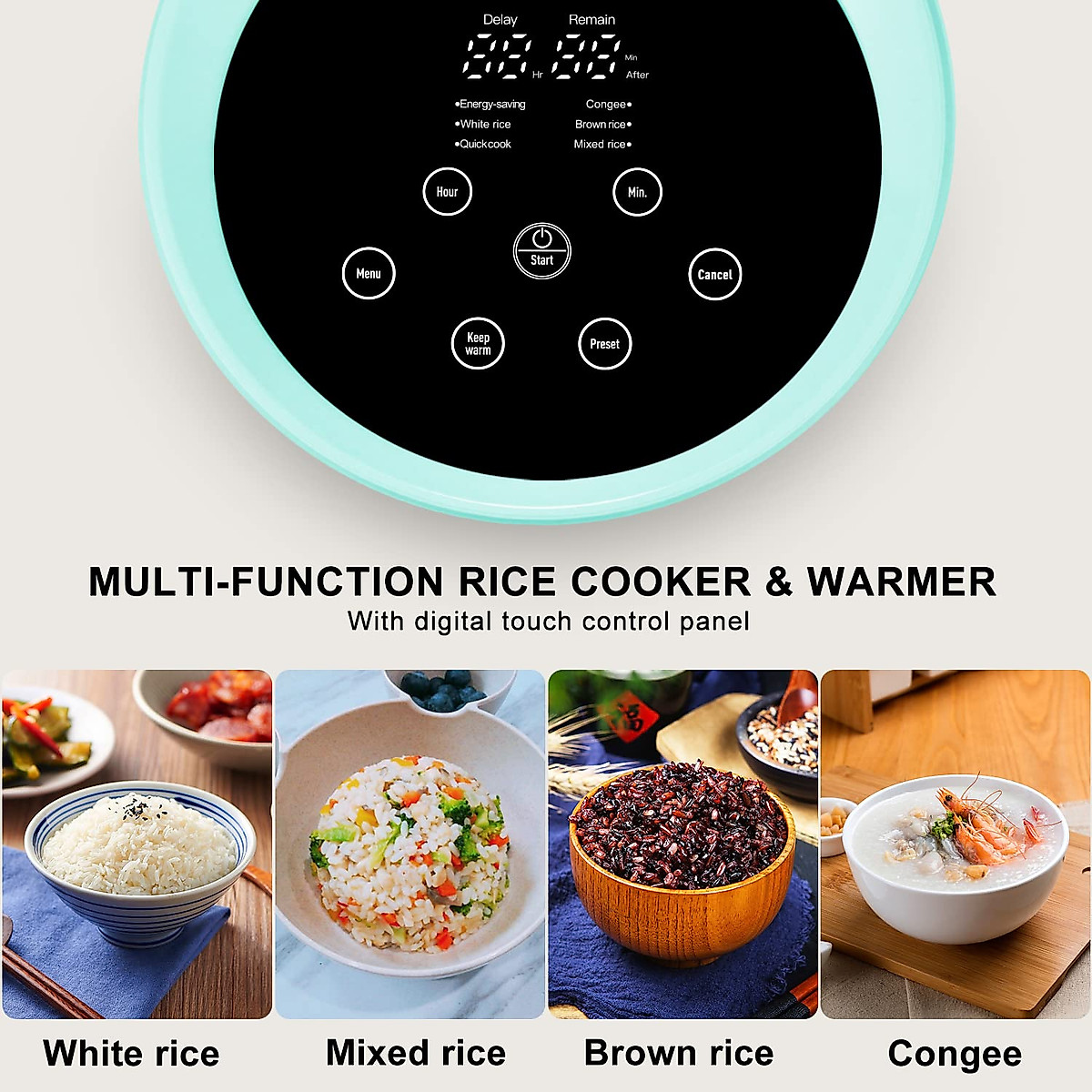 Mishcdea Small Rice Cooker 3-Cup Uncooked, Mini Rice Cooker Ceramic Nonstick for 1-2 People, Multi Menus with Smart Touch Screen, Timer & Warmer, for Quinoa, Oats and Grains, Aqua