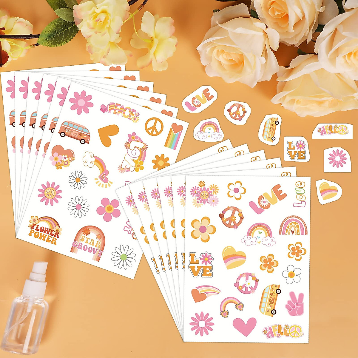 280Pcs Hippie Theme Temporary Tattoos Stickers 70's Theme Tattoos Stickers Hippie Face Body Stickers For Adults And Kids Cute Cartoon Printing Hippie Theme Assorted Groovy Party Supplies