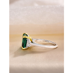 Effinny 4.5ct Women's Two-Tone Emerald Engagement Ring,Asscher Cut Green Paraiba Tourmaline Three Stone Promise Ring in 925 Sterling Silver(Size:6)