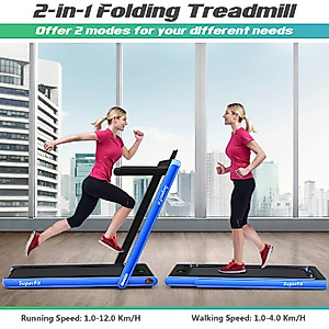 GYMAX Walking Pad, 2.25HP Foldable Treadmill with LED Display, Remote & Smart App Control, 2 in 1 Under Desk Treadmill, Portable Compact Folding Treadmill for Small Space/Home/Office (Shiny Blue)