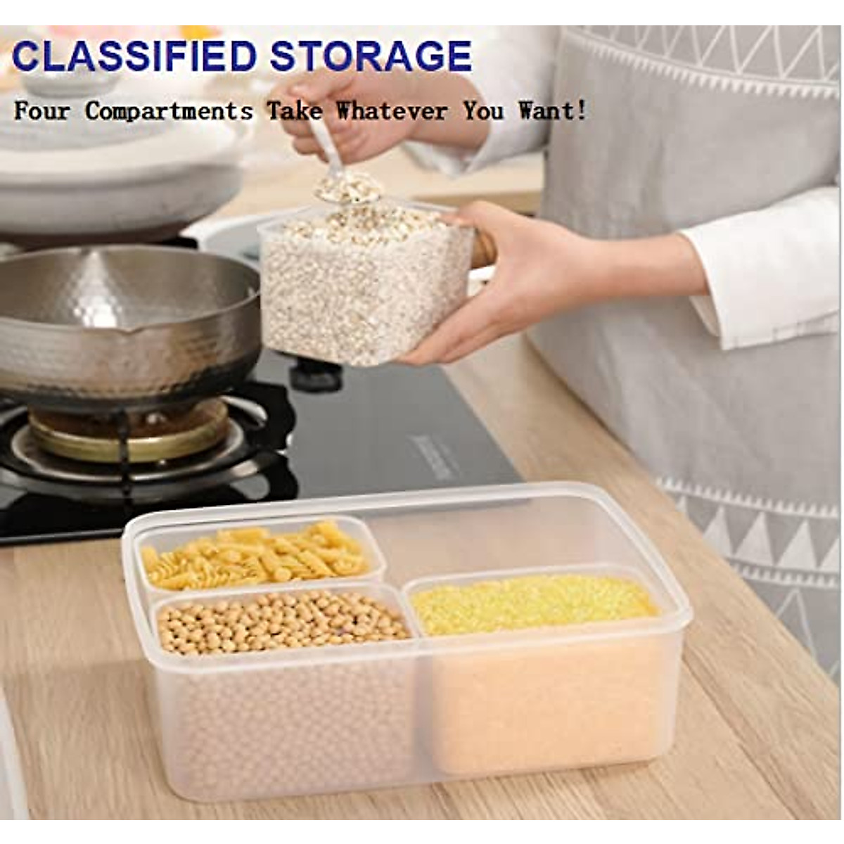 KNC Food Storage Containers with Lids Airtight,Reusable Fresh Produce Fruit Storage Organizer, Refrigerator Food Fresh Box with 4 detachable small boxes for Storing Fish, Meat, Vegetables,Grain