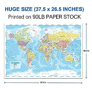 Hambli World Map For Wall – 37” x 26” Large Map of the World Poster - World Map Wall Art For Classroom, Kids & Travel