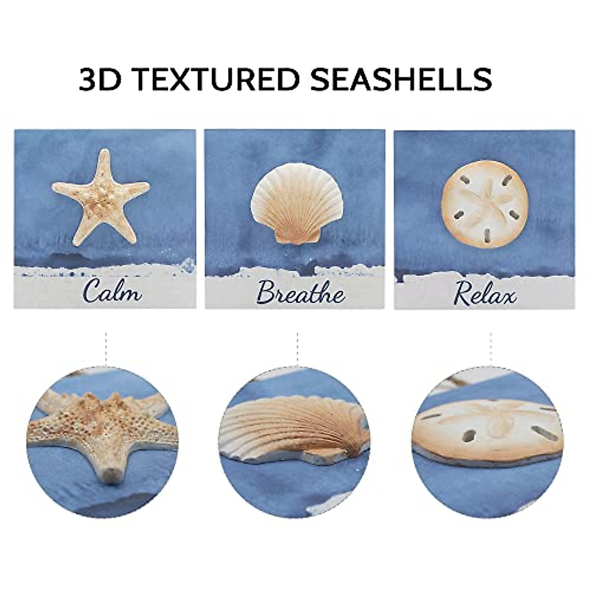 SELEAD Beach Decor Summer Wall Art - Set of 3 Calm Breathe Relax Words Sign, 5" Square Ocean Coastal Themed 3D Seashell Starfish for Bathroom Bedroom, Blue