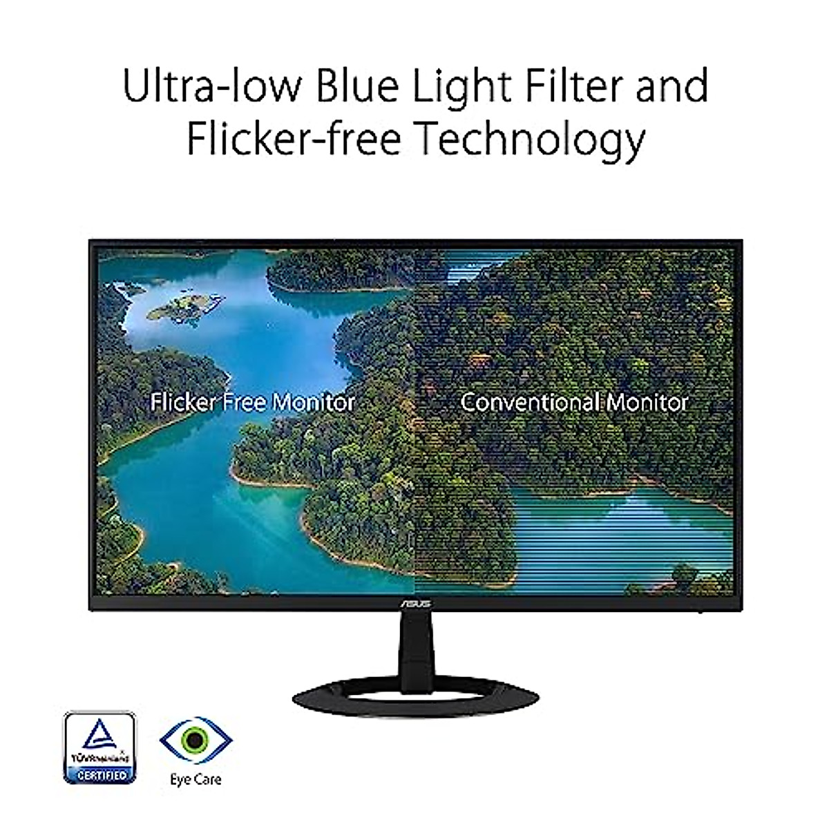 ASUS 22” (21.45” viewable) 1080P Eye Care Monitor (VZ22EHE) - Full HD, IPS, 75Hz, 1ms (MPRT), Adaptive-Sync, HDMI, Low Blue Light, Flicker Free, HDMI, VGA, Ultra-Slim,Black