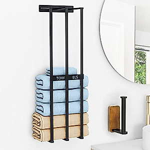 Wall Towel Rack for Towels Wall Mounte+ Wooden Toilet Paper Holder Wall Mount Black, Metal Bath Towel Holder for Folded Towel, Toilet Paper Roll Holder Wooden for Bathroom, Washroom, RV