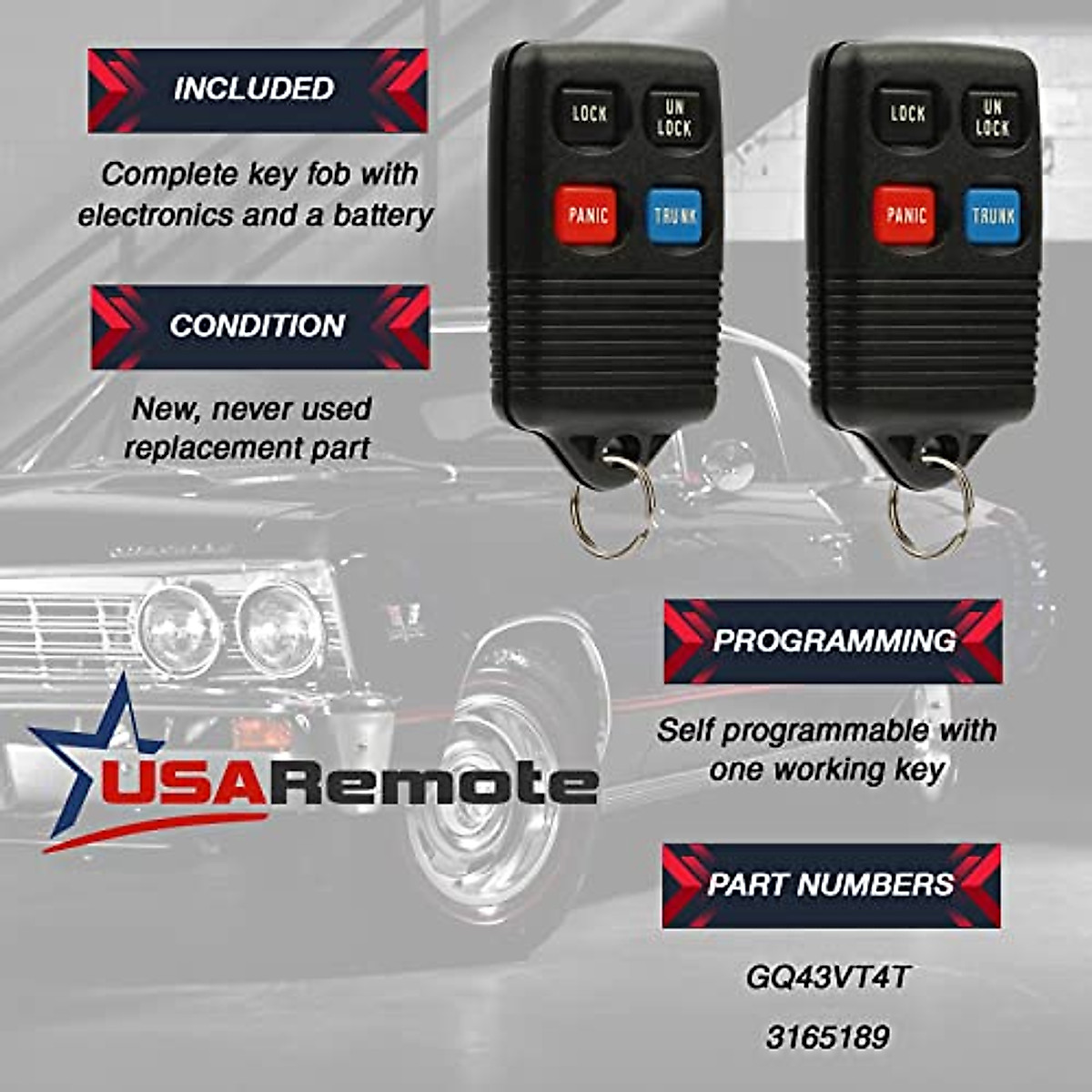 Car Key Fob Keyless Entry Remote fits Ford, Lincoln, Mercury Mustang (GQ43VT4T, 3165189, F5DZ-15K601-B), Set of 2