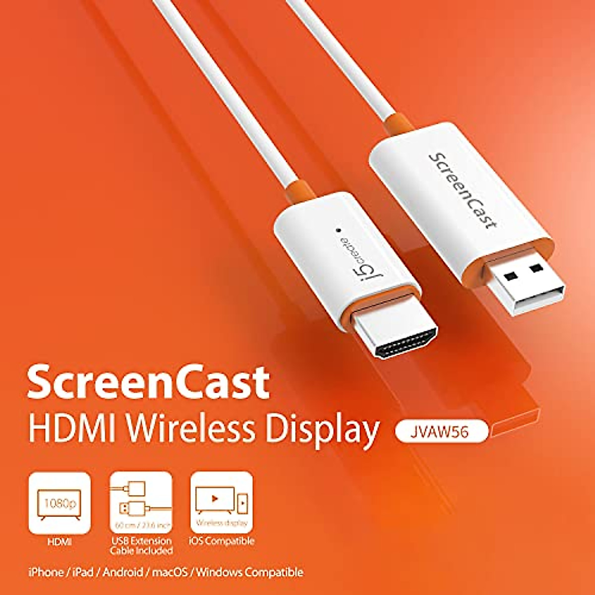 j5create ScreenCast HDMI Wireless Display Adapter Receiver - Mirror Phone, Tablet, Laptop to HDTV - Compatible with MiraCast, AirPlay, Android, Windows 10 PC, iOS, iPhone, Tablet (JVAW56)