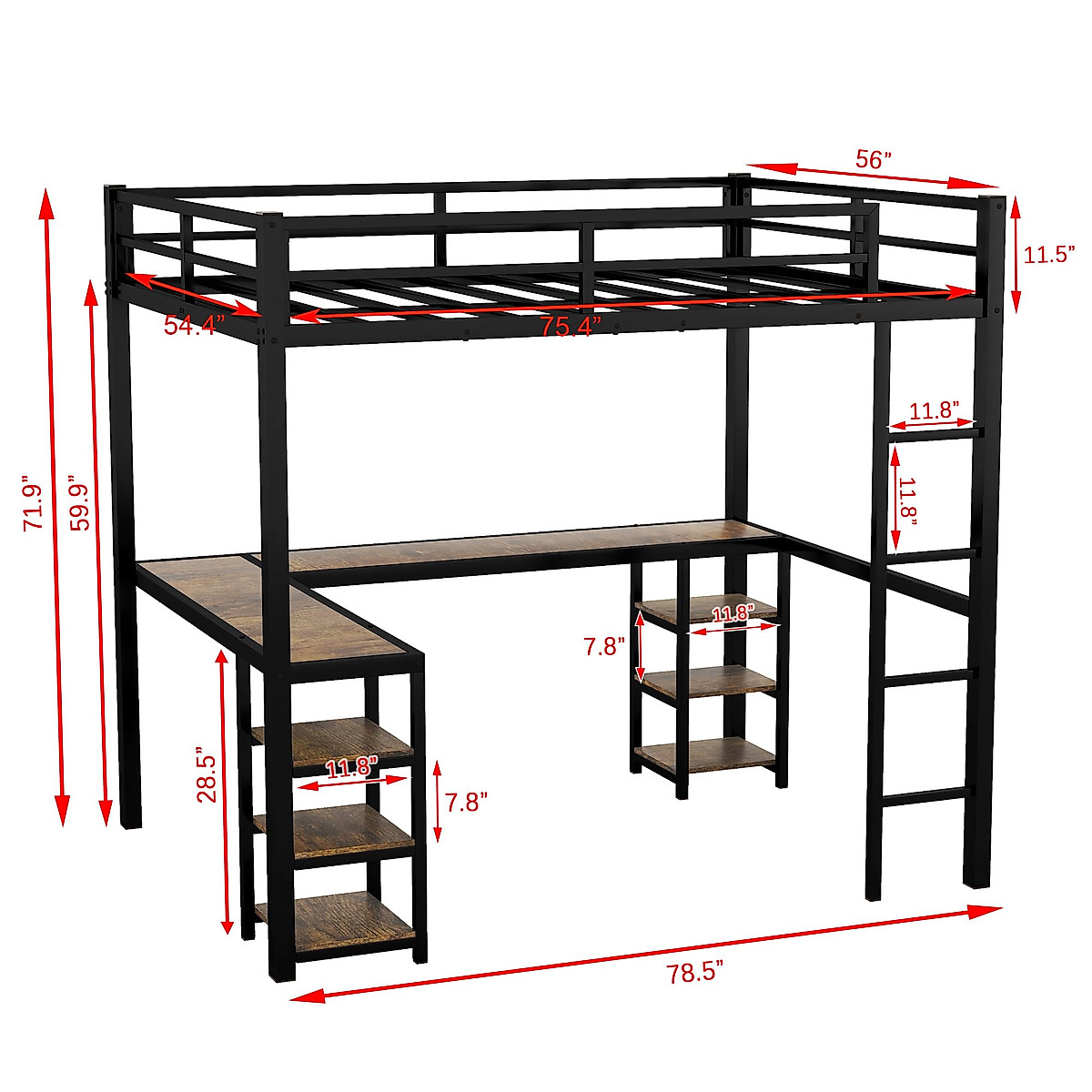 CITYLIGHT Full Size Loft Bed with L Shaped Desk and Storage Shelves Metal Full Loft Bed with Built-in Ladders and Guardrails, Noise Free, No Box Spring Needed (Full, Black)
