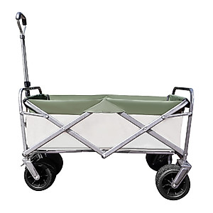 GLANZEND Collapsible Foldable Wagon, Utility Wagon Garden Trolley Cart Adjustable Handle All-Terrain Beach Wheels & Drink Holders, for Shopping Outdoor Camping Beach Garden, Green+White