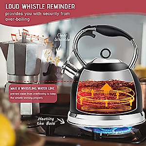 Tea Kettle - HIHUOS 3.17QT Whistling Tea Pots for Stove Top - Sleek 18/8 Stainless Steel Stovetop Kettle, Easy-grip Handle With Trigger Opening Mechanism, 1 Free Silicone Pinch Mitt Included (Black)
