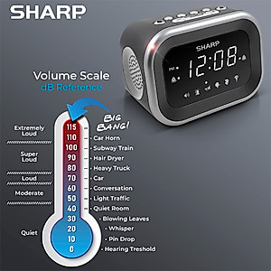 Sharp Big Bang Super Loud Alarm Clock for Heavy Sleepers, 6 Extremely Loud Wake Up Sounds: Rooster, Bugle, Nagging Mom, Jackhammer, Siren, Beep– Up to 115db Volume, Silver/Black with White LED Display
