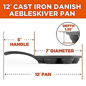 Commercial CHEF Cast Iron Danish Aebleskiver Pan, Preseasoned Cast Iron Cookware for Pancake Puffs, Makes 7 Pancake Balls