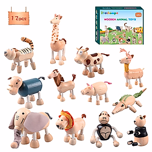 12PCS Bendable Wooden Animal Toys, Fun and Posable Animal Toys Figures for Early Education, Safari Wood Toy for Kids, Smooth Natural Wood, Wood Animal Learning Toy for Children