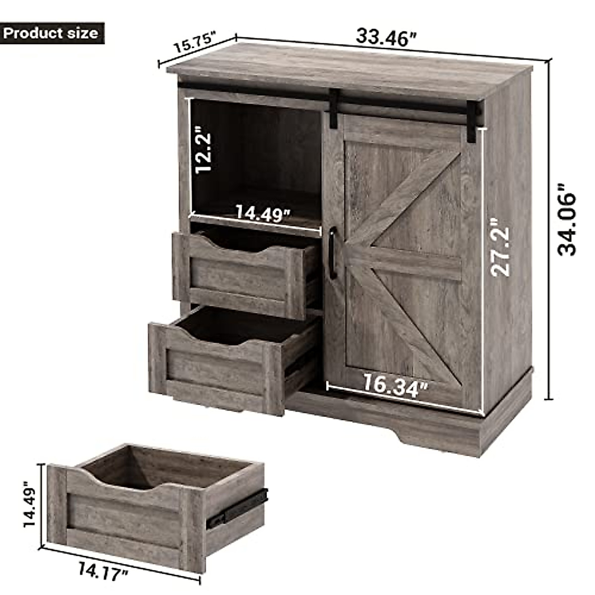 Ahvqevn Farmhouse Coffee Bar Cabinet, 33.64" Coffee Bar Cabinet with 2 Drawers and 3 Open Storage Shelf, Kitchen Hutch Buffet Storage Cabinet Design for Kitchen, Living Room, Entryway, Grey