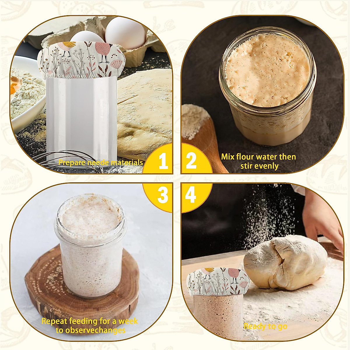 Rooster Floral 5- Pack Cloth Covers for Sourdough Starter Jar, Cloth Jar Covers Reusable Cloth Lid Top Cover Sourdough Proofing Bowl Cover Bread Fermentation Baking Supplies for 3-4 Inch Jar Mouth