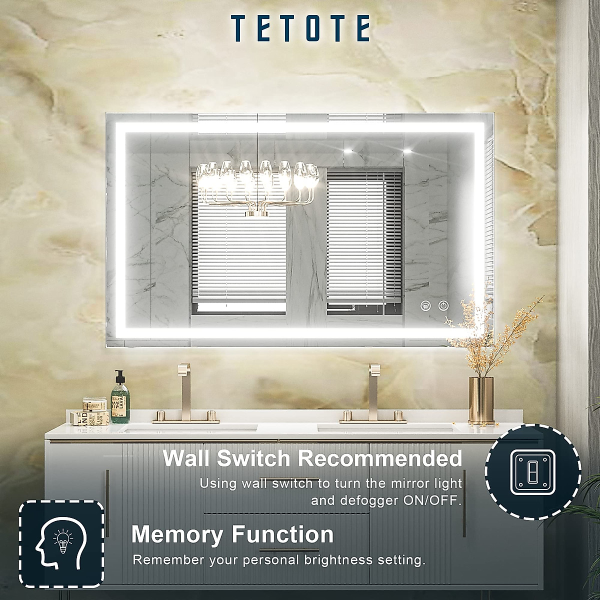 TETOTE 40 x 24 LED Bathroom Mirror LED Mirror Vanity Makeup Mirror Dimmable Anti-Fog Bathroom Lighted Mirror Wall Mounted Bathroom Decor Waterproof