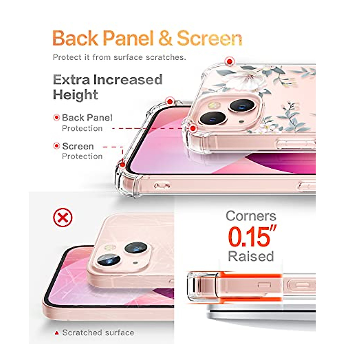 GVIEWIN Designed for iPhone 13 Case 6.1 Inch, with Tempered Glass Screen Protector + Camera Lens Protector Clear Flower Soft & Flexible Shockproof Floral Women Phone Cover（Magnolia/White）