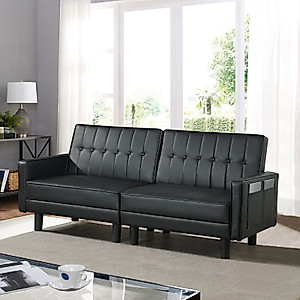 IPKIG 73.2" Futon Sofa Bed, Convertible Sleeper Sofa, Loveseat Couch, Faux Leather Split-Back Sofabed for Small Spaces Room Home Office Hotel with Adjustable Backrest and Side Pockets (Black)