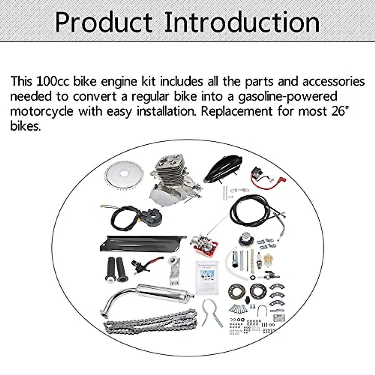 waltyotur 100cc YD100 Bicycle Engine Kit Bike Bicycle Motorized 2 Stroke Motor Engine Kit Replacement for Most 26 Bikes