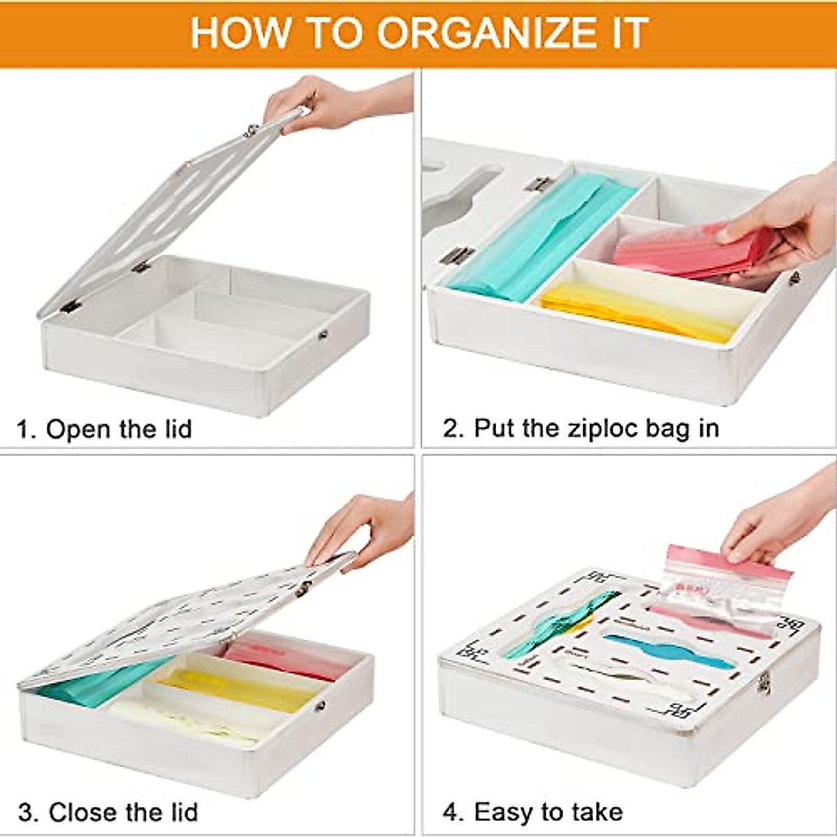WGFKVAS Ziplock Bag Storage Organizer for Kitchen Drawer, Food Storage Bag Holders, Wood Kitchen Food Baggie Dispenser Box, Compatible with Gallon, Quart, Sandwich and Snack Variety Size Bag