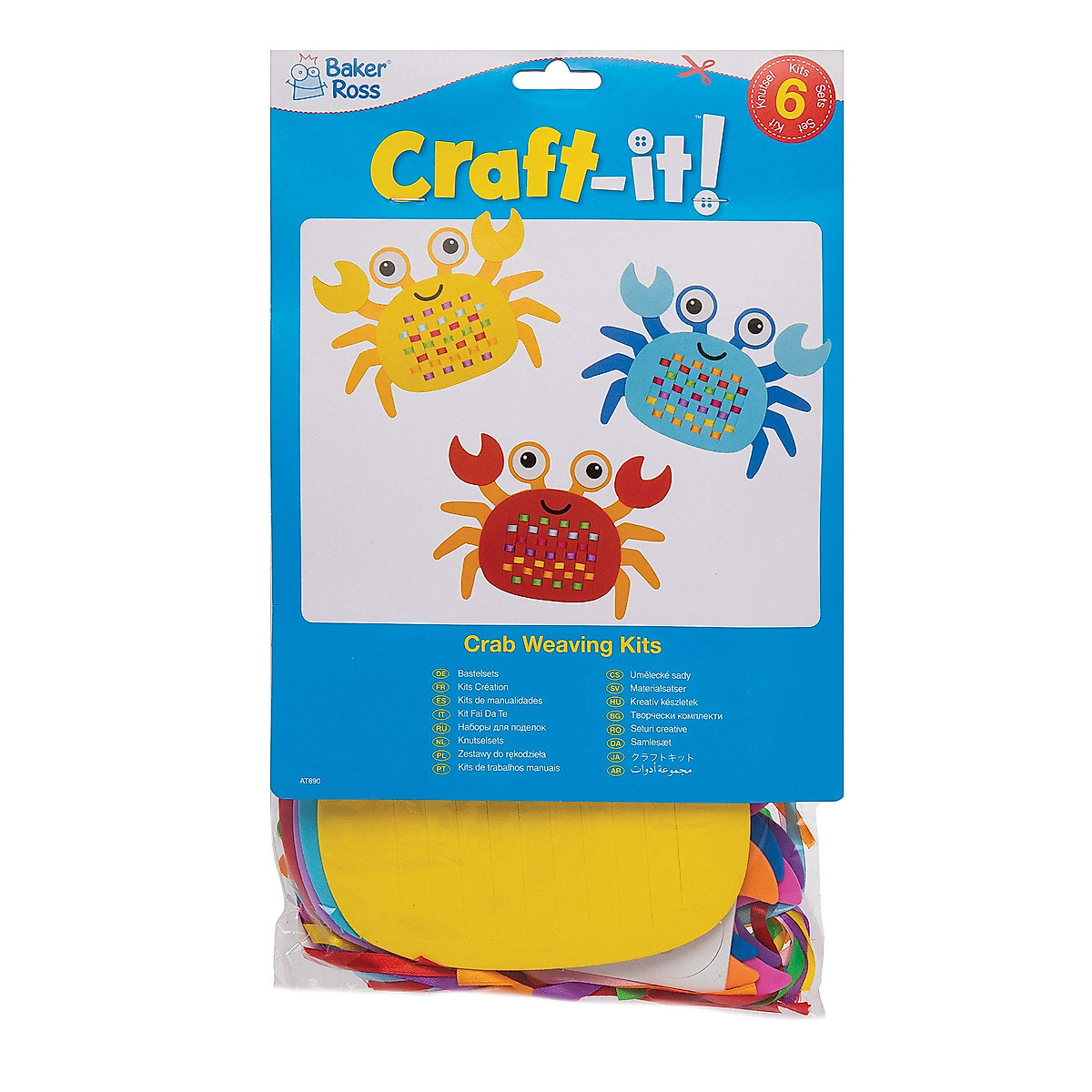 Baker Ross AT890 Crab Weaving Kits for Kids - Pack of 6, Introductory Sewing for Beginners and for Children's Arts and Crafts Projects