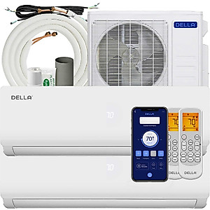 DELLA 18K BTU ODU 2 Dual Zone 9000 9000 BTU Wifi Mini Split Air Conditioner Work with Alexa, 19 SEER2 208-230V Cools Up to 800 Sq.Ft Multi Zone Ductless Pre-Charged Heat Pump, 16ft Installation Kits