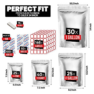 120 Mylar Bags with 150 Oxygen Absorbers-168 Labels & Stand-Up Reusable Bags- 4 Sizes Airtight Smell Proof Bags - Resealable Bags with 15 Clips-11 MIL Food Storage Bags-Large Mylar Bags