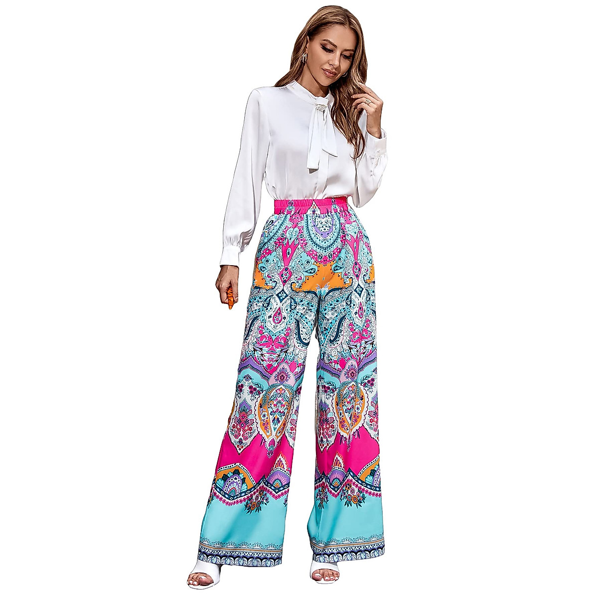 WDIRARA Women's Tropical Print High Elastic Waisted Wide Leg Loose Pants Trousers Multicolor Paisley M
