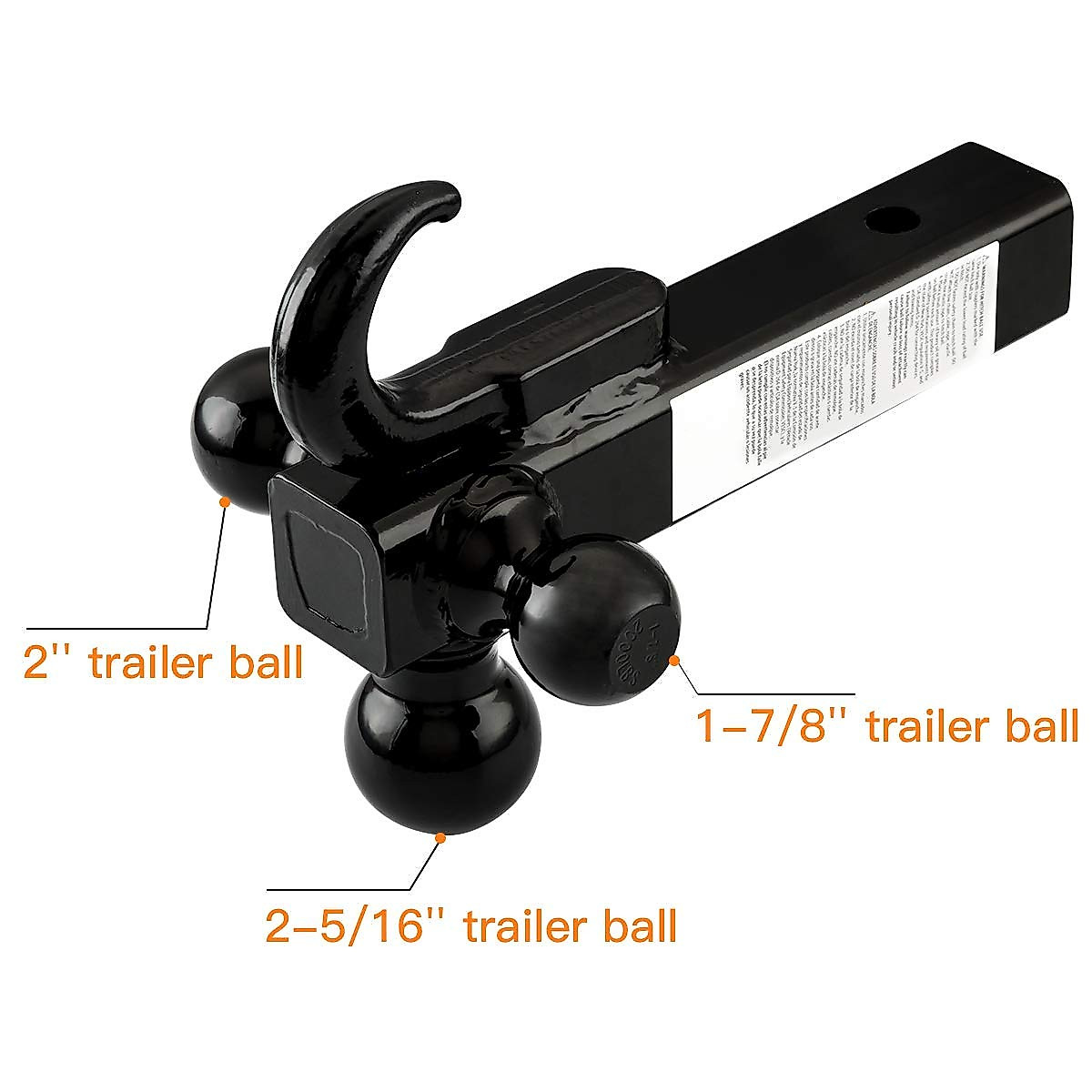 TOPSKY Trailer Hitch Tri Ball Mount with Hook, 1-7/8",2"&2-5/16", Hitch Ball, Hollow Shank, Black Ball,TS2009