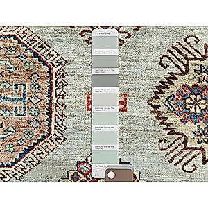 Shahbanu Rugs Light Gray Vegetable Dyes Dense Weave Soft Wool Hand Knotted Afghan Super Kazak with Geometric Medallions Oriental Rug (8'10"x12'1")