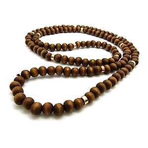 Fashion 21 Jet Black, Brown Tone 8mm 36" Wooden Bead Metal Connect Ball Bead Necklace (Brown + Gold Color Metal Joint)