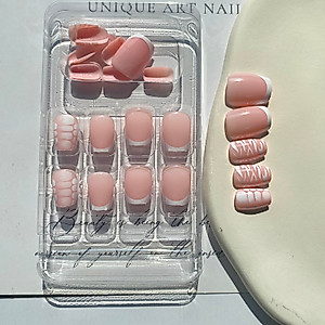 French Tip Press on Nails Short False Nails White Nail Tips Acrylic Nails with Ripple Design Fake Nails Square Shape Glue on Nails Cute White Artificial Nails Short Stick on Nails for Women Decoration